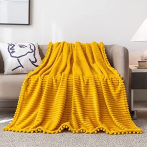 DISSA Fleece Blanket Throw Size – 51x63, Yellow – Soft, Plush, Fluffy, Fuzzy, Warm, Cozy – Perfect Throw for Couch, Bed, Sofa - with Pompom Fringe - Flannel Blanket Throw Blanket