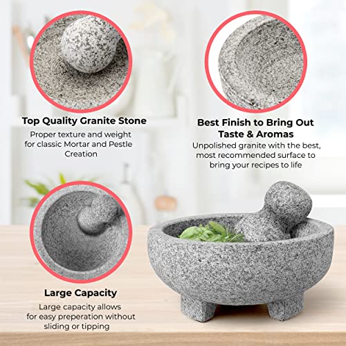 Alpine Cuisine Mortar and Pestle Molcajete Set - 8 Inch Granite - Unpolished Granite, Spice Grinder Bowl for Salsa, Herb Crusher, Grind and Crush Spices