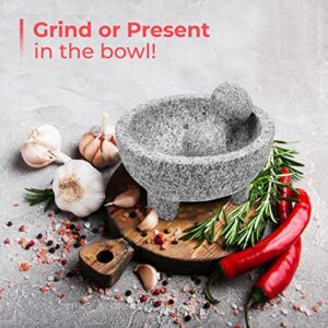 Alpine Cuisine Mortar and Pestle Molcajete Set - 8 Inch Granite - Unpolished Granite, Spice Grinder Bowl for Salsa, Herb Crusher, Grind and Crush Spices