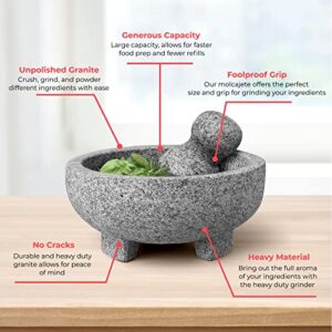 Alpine Cuisine Mortar and Pestle Molcajete Set - 8 Inch Granite - Unpolished Granite, Spice Grinder Bowl for Salsa, Herb Crusher, Grind and Crush Spices