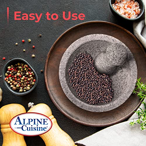 Alpine Cuisine Mortar and Pestle Molcajete Set - 8 Inch Granite - Unpolished Granite, Spice Grinder Bowl for Salsa, Herb Crusher, Grind and Crush Spices