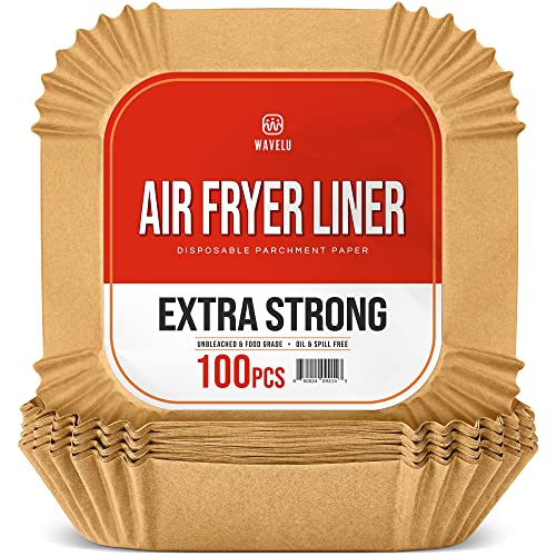 WAVELU Air Fryer Disposable Parchment Paper Liners | EXTRA STRONG | 100pcs | Food Grade Non-stick Unbleached Liners | Oil & Waterproof Sheets for Air Frying, Baking & Microwave (SQUARE 6.3 IN (3-5QT))