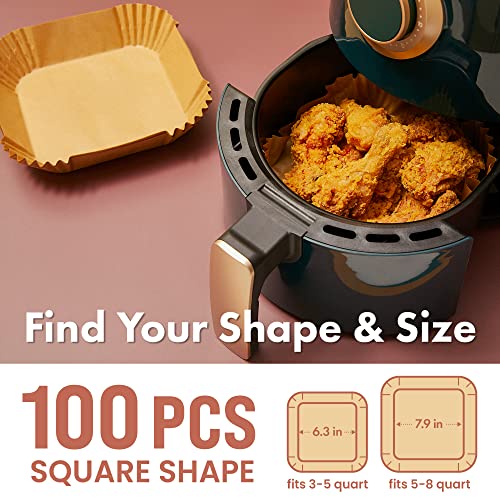 WAVELU Air Fryer Disposable Parchment Paper Liners | EXTRA STRONG | 100pcs | Food Grade Non-stick Unbleached Liners | Oil & Waterproof Sheets for Air Frying, Baking & Microwave (SQUARE 6.3 IN (3-5QT))