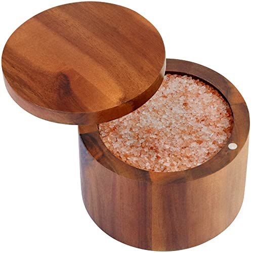 Acacia Salt Cellar, Wood Salt Box 4x2.75 Inches & Spice Box With Swivel Cover, Salt Keeper, Wood Jar For Kitchen, Perfect For Keeping Table Salt, Gourmet Salts, Herbs or Favorite Seasonings