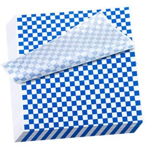 hslife 100 sheets blue and white checkered dry waxed deli paper sheets, paper liners for plastic food basket, wrapping bread and sandwiches(11''x11.6'')