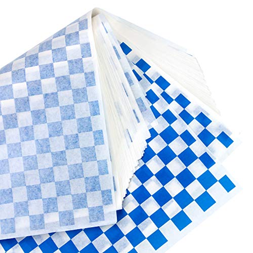 Hslife 100 Sheets Blue and White Checkered Dry Waxed Deli Paper Sheets, Paper Liners for Plastic Food Basket, Wrapping Bread and Sandwiches(11''x11.6'')