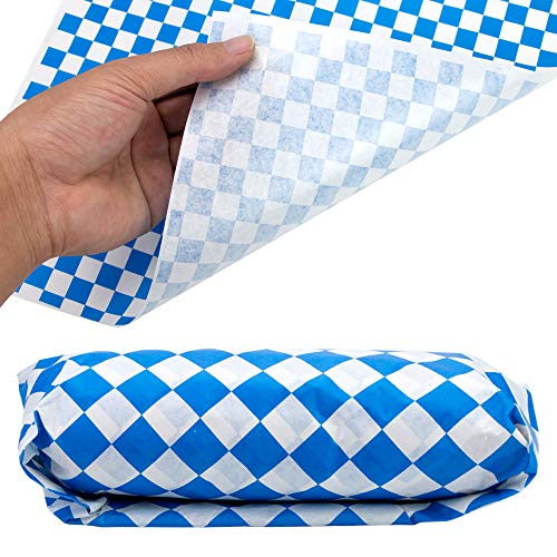 Hslife 100 Sheets Blue and White Checkered Dry Waxed Deli Paper Sheets, Paper Liners for Plastic Food Basket, Wrapping Bread and Sandwiches(11''x11.6'')