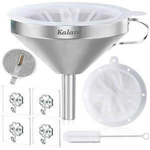 vorpower kalave premium stainless steel funnel, 5 inch food grade kitchen funnels with 200 mesh food filter strainer, metal funnel for filling bottles, food funnel for oils, juice, wine, coffee, milk