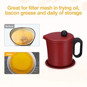 Bacon Grease Container with Fine Mesh Strainer 1.7L Oil Pot with Strainer Cooking Oil Filter with Anti-scalding Handle and Coaster Tray Stainless Steel Oil Storage Pot Can for Cooking Oil, Frying Oil