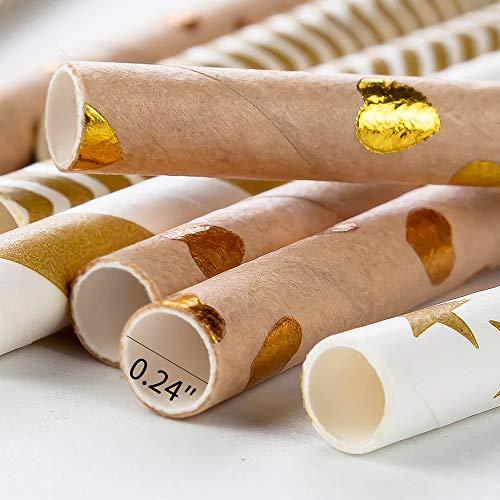 Paper Straws 100-Pack Gold Biodegradable, 7.75 Inches, Foil Striped, Wave,Heart, Gold, Bulk, Stars Paper Straws Ououps…