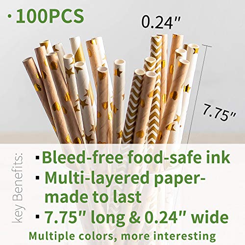 Paper Straws 100-Pack Gold Biodegradable, 7.75 Inches, Foil Striped, Wave,Heart, Gold, Bulk, Stars Paper Straws Ououps…