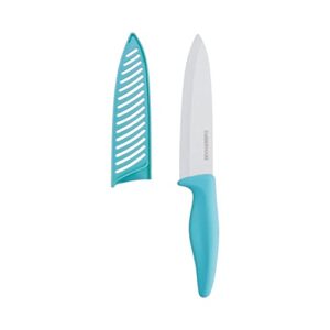 farberware ceramic chef knife with custom-fit blade cover, razor-sharp kitchen knife with ergonomic handle, dishwasher-safe, 6-inch, aqua