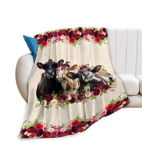 Cute Cow Blanket Super Soft Cozy Cow Plush Throw Blanket Warm Fleece Rustic Farm Cow Flower Blanket for Adults Couch Sofa Gifts 40"X50"