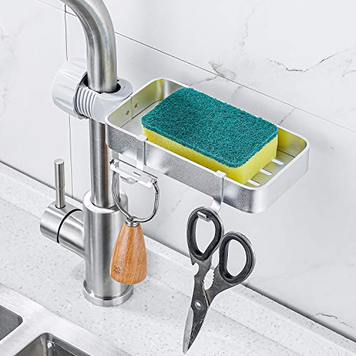 Kitchen Washing Sponge Storage Rack Shower Caddy Soap Dish Holder with Hooks Faucet Shower Rod Assembled,Bright Silver