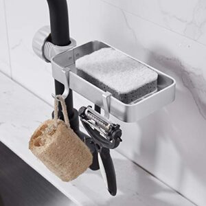 Kitchen Washing Sponge Storage Rack Shower Caddy Soap Dish Holder with Hooks Faucet Shower Rod Assembled,Bright Silver