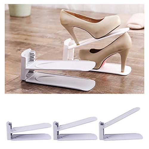 Queenbox Adjustable Shoe Slots Organizer 3-Level Height Plastic Double Layer Foldable Shoe Holder Mini Shoe Racks Space Saver Storage for High Heels Closets,Apricot 8 PCS