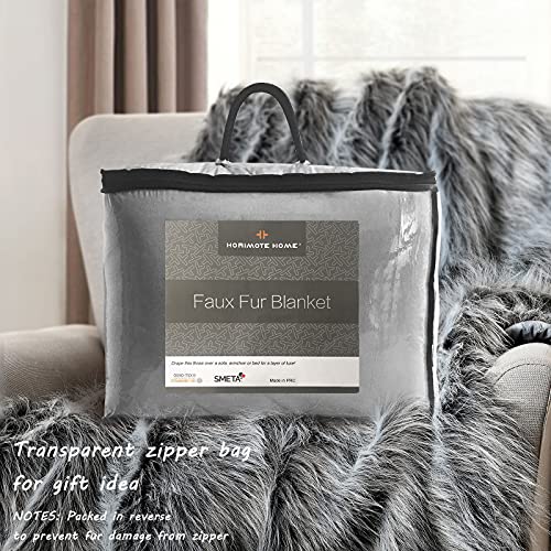 Luxury Faux Fur Throw Blanket, Grey and Black High Pile Mixed Throw Blanket, Super Warm, Fuzzy, Elegant, Fluffy Decoration Blanket Scarf for Sofa, Couch and Bed, 50''x 60''