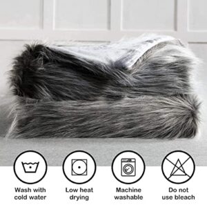 Luxury Faux Fur Throw Blanket, Grey and Black High Pile Mixed Throw Blanket, Super Warm, Fuzzy, Elegant, Fluffy Decoration Blanket Scarf for Sofa, Couch and Bed, 50''x 60''