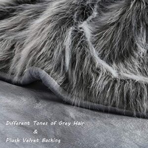 Luxury Faux Fur Throw Blanket, Grey and Black High Pile Mixed Throw Blanket, Super Warm, Fuzzy, Elegant, Fluffy Decoration Blanket Scarf for Sofa, Couch and Bed, 50''x 60''