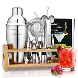 cocktail shaker set bartender kit, godmorn 15pcs bartender shaker set, 304 stainless steel martini shaker and strainer, 550ml /19oz bar tool set with bamboo stand, recipe book, for home and bar