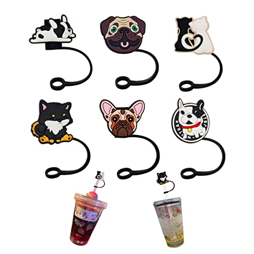 6 Pieces Cute Drinking Straw Caps Cover for 6-8 mm Reusable Drinking Straw Tips Lids Dust-Proof Straw Plugs(Kitten, Puppy)