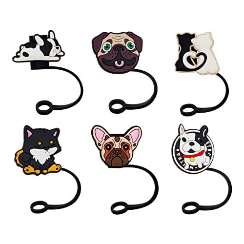 6 Pieces Cute Drinking Straw Caps Cover for 6-8 mm Reusable Drinking Straw Tips Lids Dust-Proof Straw Plugs(Kitten, Puppy)