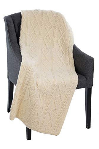 100% Irish Merino Wool Plaited Aran Celtic Cream Couch Throw Blanket 40”x 66” by Carraig Donn