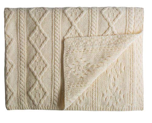 100% Irish Merino Wool Plaited Aran Celtic Cream Couch Throw Blanket 40”x 66” by Carraig Donn