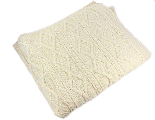 100% Irish Merino Wool Plaited Aran Celtic Cream Couch Throw Blanket 40”x 66” by Carraig Donn