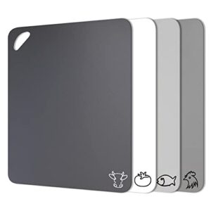 fotouzy plastic cutting board flexible mats with food icons, set of 4, bpa-free, non-porous, upgrade 100% anti-skid back and dishwasher safe, modern neutral colors