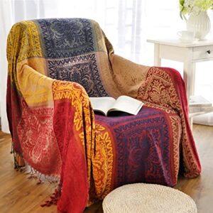 captainray bohemian tribal throws blankets reversible colorful red blue boho hippie chenille jacquard fabric throw covers large couch furniture sofa chair loveseat recliner oversized (red, s:75x60)