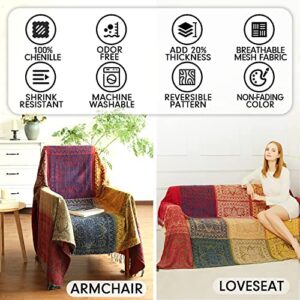 CaptainRay Bohemian Tribal Throws Blankets Reversible Colorful Red Blue Boho Hippie Chenille Jacquard Fabric Throw Covers Large Couch Furniture Sofa Chair Loveseat Recliner Oversized (Red, S:75X60)