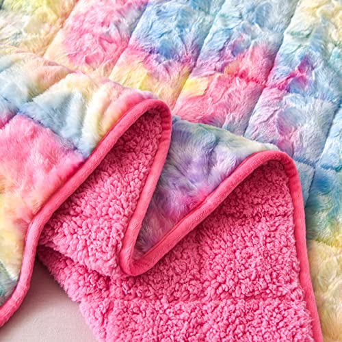 NEWCOSPLAY Faux Fur Weighted Blanket Soft Thick Heavy Throw Blanket for Adult Kids Plush Sherpa with Glass Beads (Dark Rainbow， 48"x72" | 15 lbs)