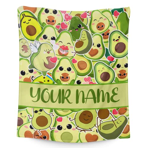 Custom Name Avocado Blanket Gifts, 40"x30" Avocado Print Throw Blankets, Personalized Flannel Fuzzy Soft Plush Blanket for Girls Boys, Gifts for Avocado Lovers, Cozy Throw Blanket for Sofa Bed Couch