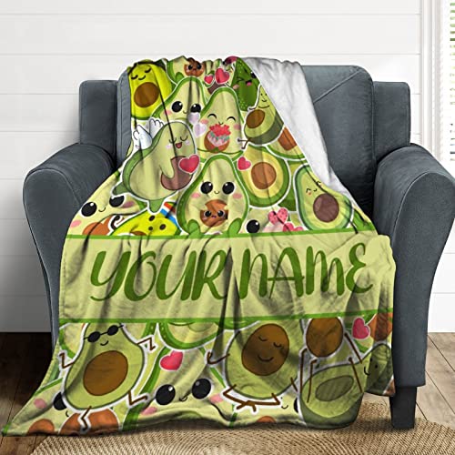 Custom Name Avocado Blanket Gifts, 40"x30" Avocado Print Throw Blankets, Personalized Flannel Fuzzy Soft Plush Blanket for Girls Boys, Gifts for Avocado Lovers, Cozy Throw Blanket for Sofa Bed Couch