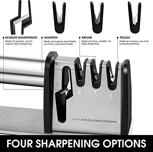 JCHOPE Knife Sharpeners, 4 in 1 Kitchen Blade and Scissors Sharpening Tool, Powerful Professional Chef's Kitchen Knife Accessories, Manual Knife Sharpener