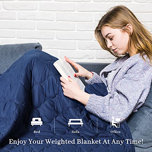 S a g i n o Weighted Blanket & Sleep Mask for Adults - Twin Size, 60"x80", 15lbs - Heavy Cooling Blankets with Premium Glass Bead for Restlessness, Navy (Inner Layer Grey)