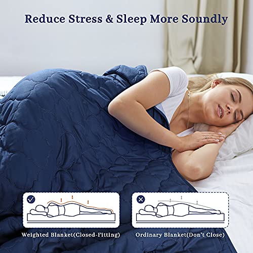 S a g i n o Weighted Blanket & Sleep Mask for Adults - Twin Size, 60"x80", 15lbs - Heavy Cooling Blankets with Premium Glass Bead for Restlessness, Navy (Inner Layer Grey)