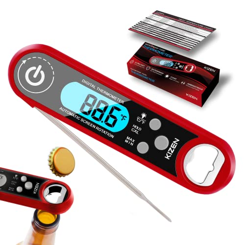 Kizen IP100 Digital Meat Thermometer - Instant Read Waterproof Food Thermometers with Bottle Opener for Kitchen, Outdoor Cooking & Grilling - Red