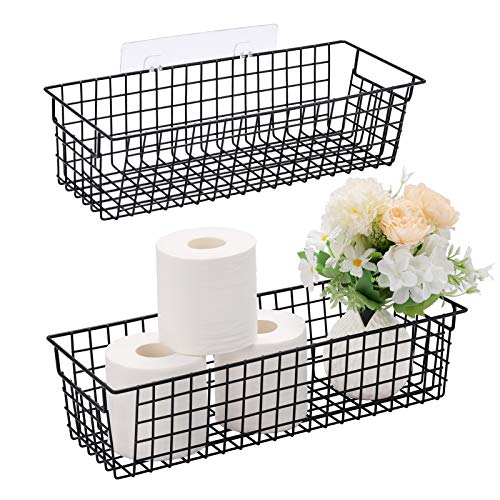 VITVITI Toilet Paper Storage with Handle, Toilet Tissue Holder, Metal Wire Storage Organizer Bins Basket, for Bathroom/Wall Mounted, Set of 2, Black