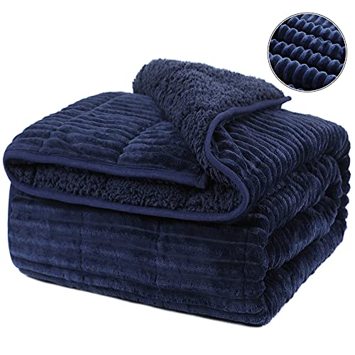 netoolen Weighted Blanket 15lbs for Adults, 60x80 Dual Sided Sherpa Fleece Striped Flannel Heavy Thick Soft Cozy Fuzzy Throw Blanket for Bed Couch Sofa, Navy Blue (60x80in,15 pounds)