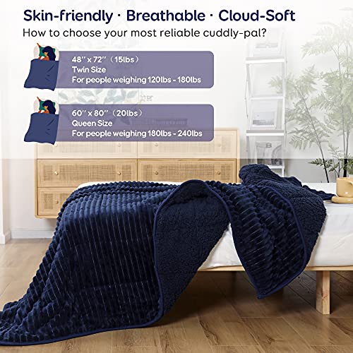 netoolen Weighted Blanket 15lbs for Adults, 60x80 Dual Sided Sherpa Fleece Striped Flannel Heavy Thick Soft Cozy Fuzzy Throw Blanket for Bed Couch Sofa, Navy Blue (60x80in,15 pounds)