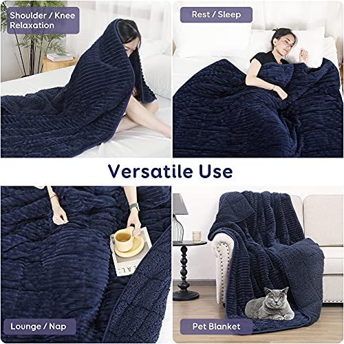 netoolen Weighted Blanket 15lbs for Adults, 60x80 Dual Sided Sherpa Fleece Striped Flannel Heavy Thick Soft Cozy Fuzzy Throw Blanket for Bed Couch Sofa, Navy Blue (60x80in,15 pounds)