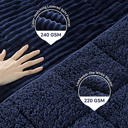 netoolen Weighted Blanket 15lbs for Adults, 60x80 Dual Sided Sherpa Fleece Striped Flannel Heavy Thick Soft Cozy Fuzzy Throw Blanket for Bed Couch Sofa, Navy Blue (60x80in,15 pounds)