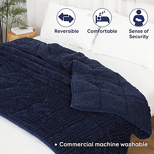 netoolen Weighted Blanket 15lbs for Adults, 60x80 Dual Sided Sherpa Fleece Striped Flannel Heavy Thick Soft Cozy Fuzzy Throw Blanket for Bed Couch Sofa, Navy Blue (60x80in,15 pounds)