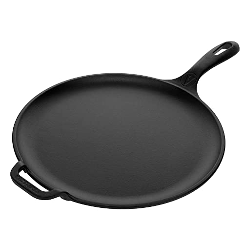 Victoria 12-Inch Cast-Iron Comal Pizza Pan with a Long Handle and a Loop Handle, Preseasoned with Flaxseed Oil, Made in Colombia