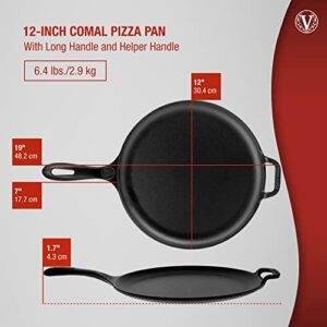 Victoria 12-Inch Cast-Iron Comal Pizza Pan with a Long Handle and a Loop Handle, Preseasoned with Flaxseed Oil, Made in Colombia