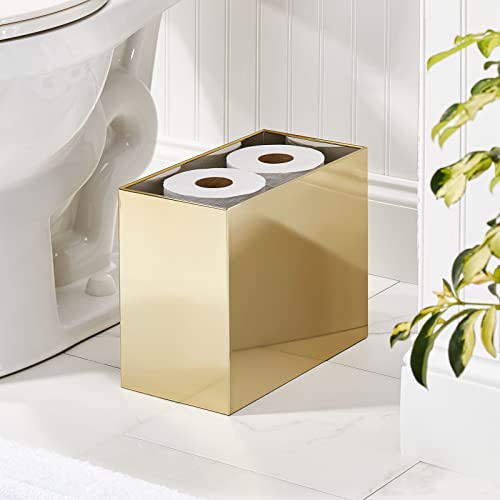 mDesign Tall Steel Floor Stand Toilet Paper Organizer, 4-Roll Tissue Storage Holder Container Bin for Bathroom, Fits Under Sink, Vanity, Shelf, in Cabinet, or Corner, Metro Collection - Soft Brass