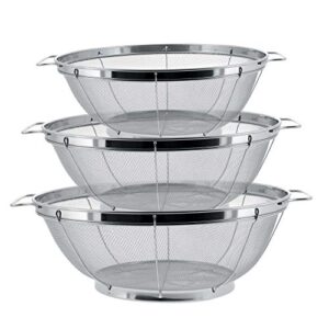 u.s. kitchen supply - 3 piece colander set - stainless steel mesh strainer net baskets with handles & resting base - 11" 5 quart, 9.5" 4 quart and 8.5" 3 quart - strain, drain, rinse, steam or cook