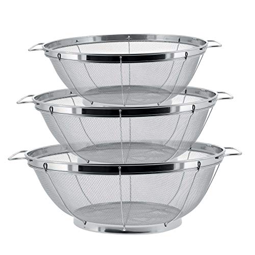 U.S. Kitchen Supply - 3 Piece Colander Set - Stainless Steel Mesh Strainer Net Baskets with Handles & Resting Base - 11" 5 Quart, 9.5" 4 Quart and 8.5" 3 Quart - Strain, Drain, Rinse, Steam or Cook